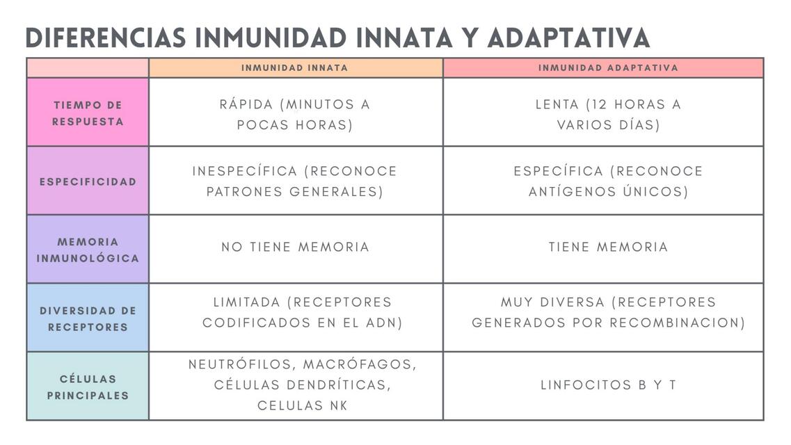 Inmunidad Innata y Adquirida: Tabla Comparativa | Consu Odonto :) | uDocz