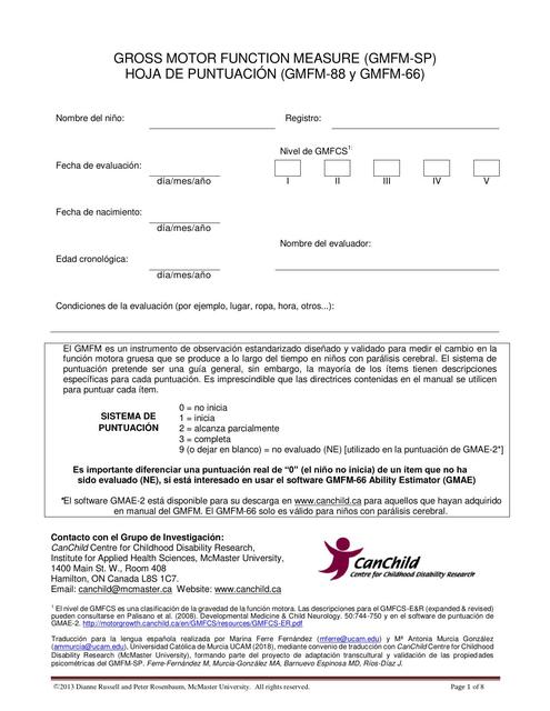 GROSS MOTOR FUNCTION MEASURE HOJA PUNTUACIÓN Vers | Marisa | uDocz