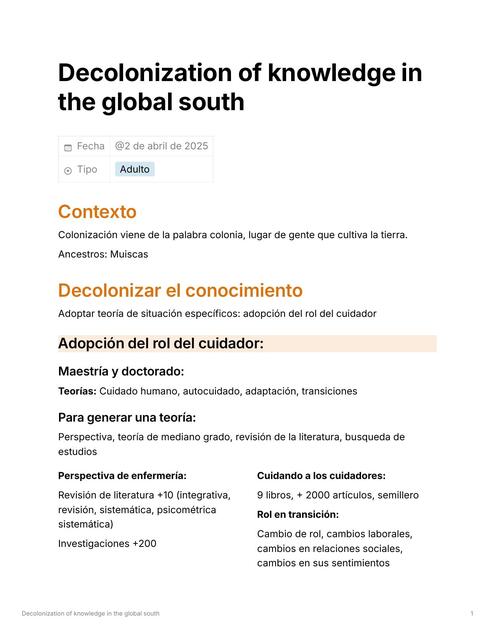 Decolonization of knowledge in the global south | Enfermería MI | uDocz