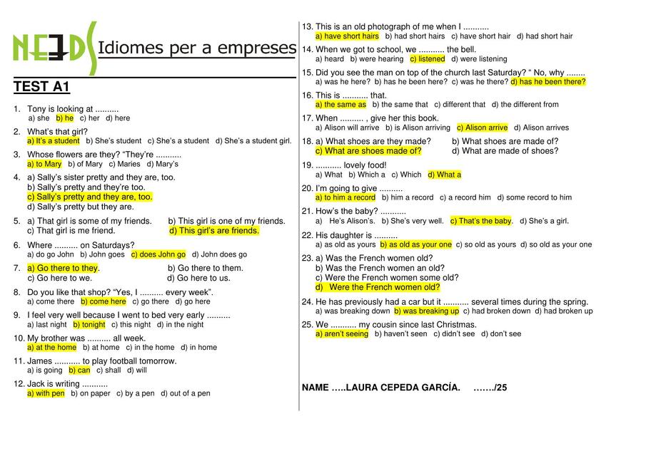 LEVEL TEST A1 | Laura | uDocz