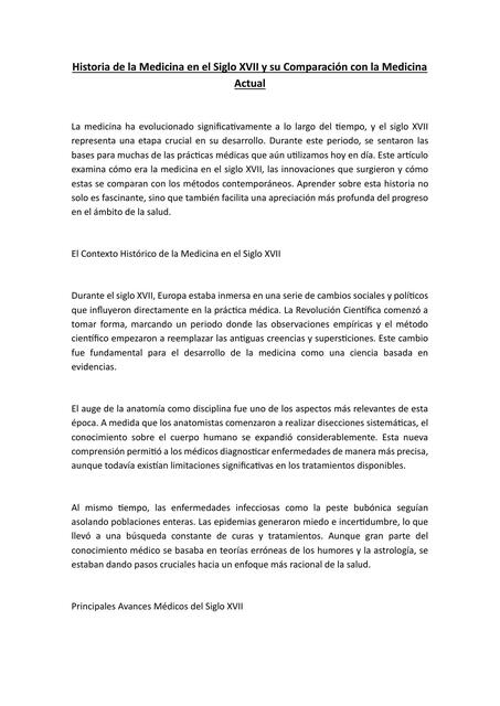 Historia de la Medicina en el Siglo XVII y su Comparación con la ...