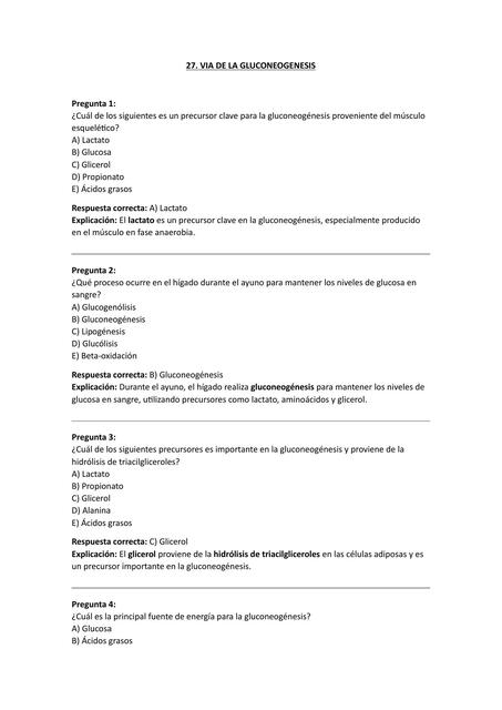 Capítulo 27 VIA DE LA GLUCONEOGENESIS CUESTIONARIO Bioquimica 2 | River Medic | uDocz