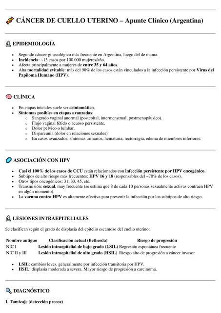 CÁNCER DE CUELLO UTERINO Apunte Clinico | Celeste Codutti | uDocz