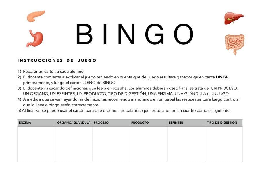 BINGO DIGESTIVO | Gre Ortiz | uDocz