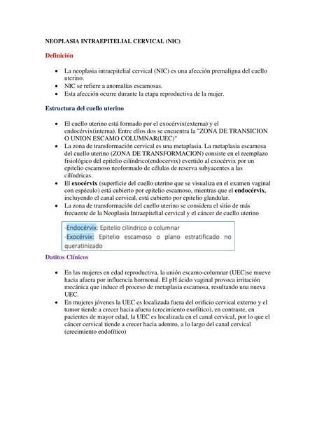 NEOPLASIA INTRAEPITELIAL CERVICAL (NIC) | Mary | uDocz