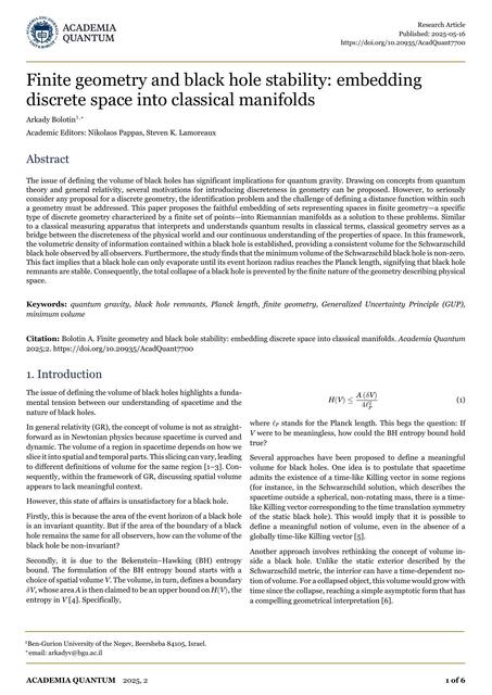 Finite geometry and black hole stability | alfredo manobanda | uDocz