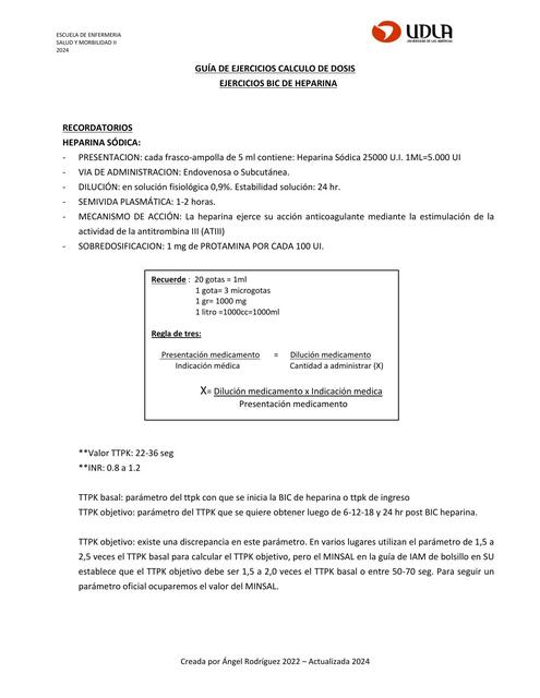 GUÍA DE EJERCICIOS CALCULO DE DOSIS estudiante | Solanch Ruiz Utreras | uDocz
