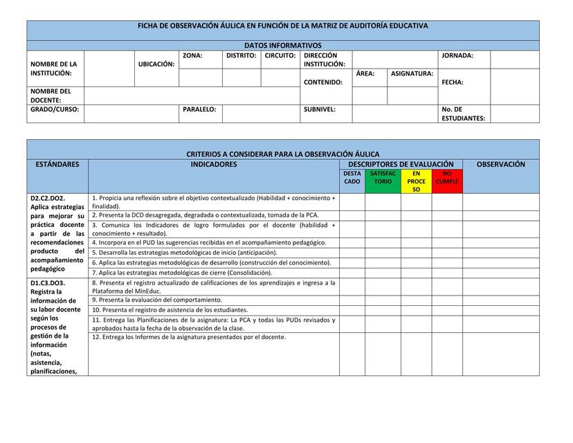 NUEVA FICHA DE OBSERVACIÓN ÁULICA AUDITORÍA | alfredo manobanda | uDocz