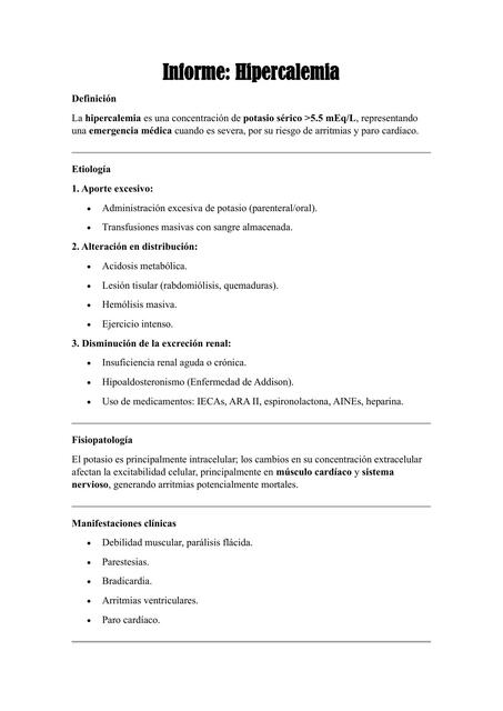 Informe : hipercalemia | nursing apuntes | uDocz