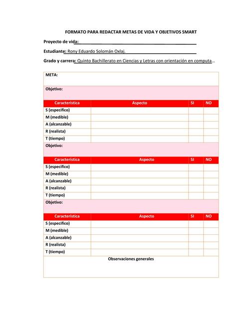 FORMATO PARA REDACTAR METAS DE VIDA Y OBJETIVOS SM | Jorge | uDocz
