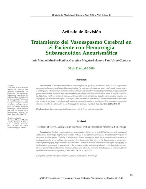 Tratamiento Vasoespasmo Cerebral Aneurisma | Lídice | uDocz