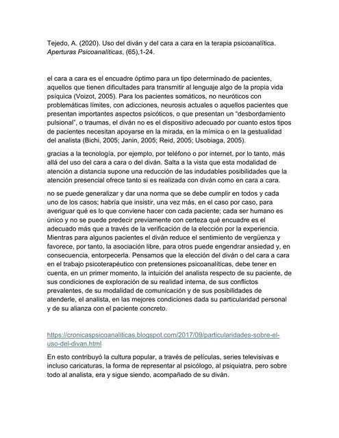 Uso del diván y del cara a cara en la terapia psicoanalítica | Noob | uDocz