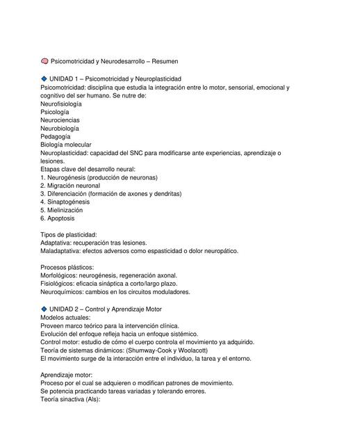 Psicomotricidad y Neurodesarrollo Resumen Detallad | Marisol | uDocz