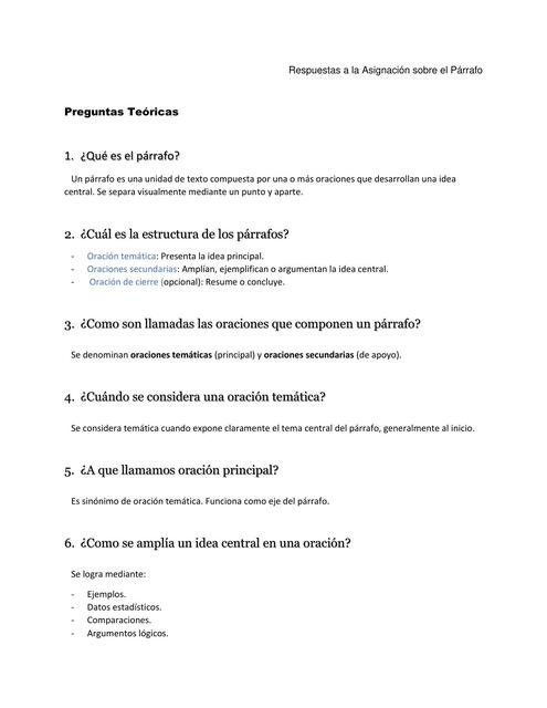Respuestas a la Asignación sobre el Párrafo | Julio | uDocz