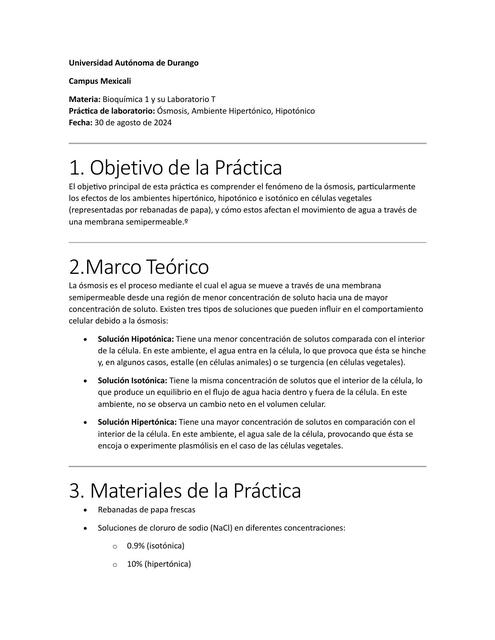 Práctica de laboratorio de Ósmosis, Ambiente Hipertónico, Hipotónico | aide lilian | uDocz