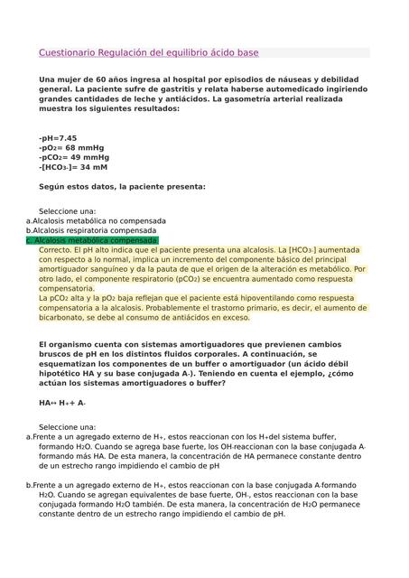 Cuestionario Regulacion del equilibrio acido base | Sam Phoyu | uDocz