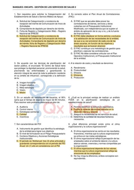 Banco ENCAPS Gestión en salud N°2 - Qx Medic (RESUELTO) | Andrea Llanqui García | uDocz
