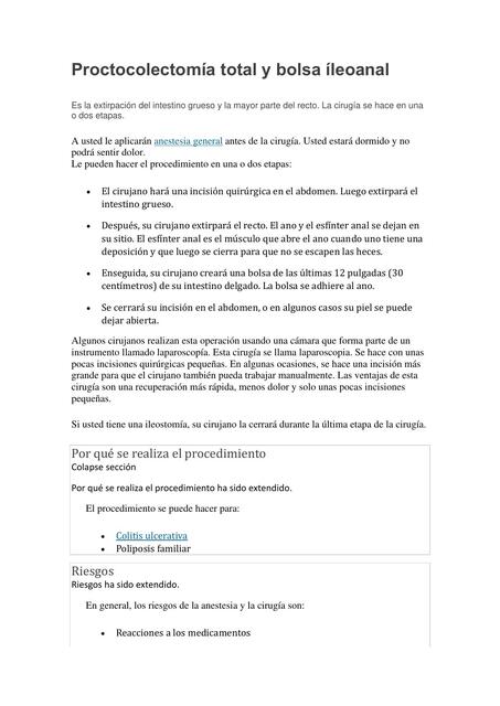 Proctocolectomía total y bolsa íleoanal | Aura Ester Peréz Rada | uDocz