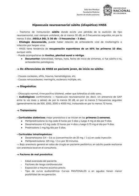 Hipoacusia neurosensorial súbita idiopática HNSS | Sofía Vera | uDocz
