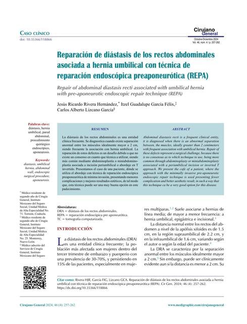 Reparación de diástasis de los rectos abdominales | Jorge luis | uDocz