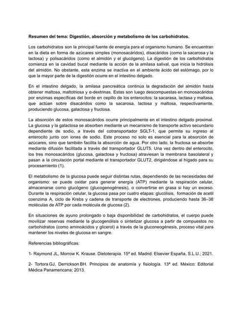Resumen de Digestión, absorción y metabolismo de carbohidratos | Benjamin | uDocz