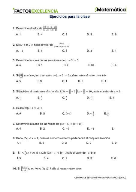 Ejercicios de valor absoluto | Apuntes PreUniversitarios | uDocz