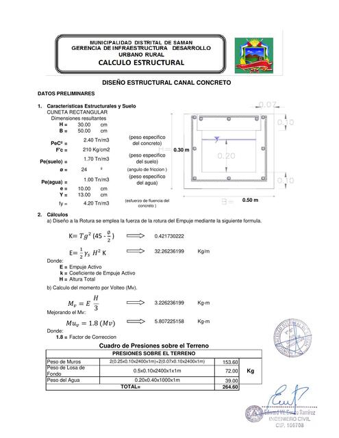 CALCULO ESTRUCTURAL DE CANAL RECTANGULAR | Ingenieria Civil | uDocz