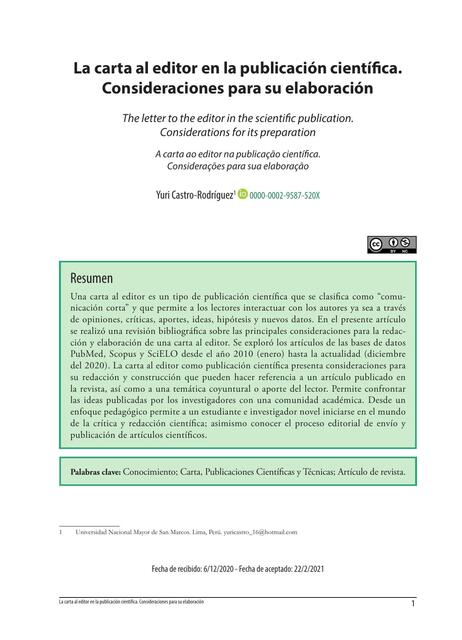 La carta al editor en la publicación científica Co | Juan Rondon | uDocz