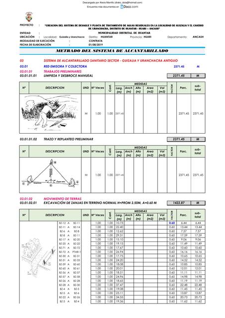 Modelo de Metrado del Sistema del Alcantarillado | Alexis Mamflo | uDocz