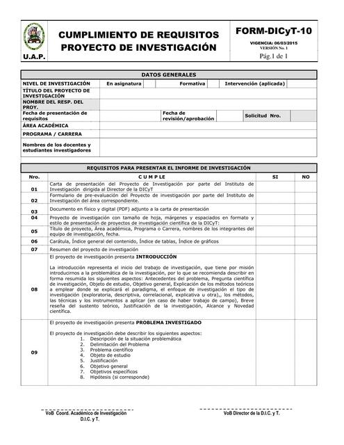FORM 10 Formulario de requisitos PROYECTO DE INVES | Miriam Salguero ...