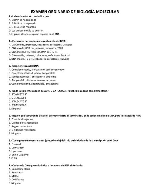 EXAMEN ORDINARIO DE BIOLOGÍA MOLECULAR | Perlcst | uDocz