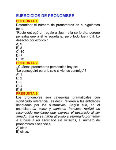EJERCICIOS DE PRONOMBRE 1 | Albert | uDocz