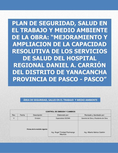 Plan De Seguridad, Salud En El Trabajo Y Medio Ambiente Consorcio De La Salud Pasco