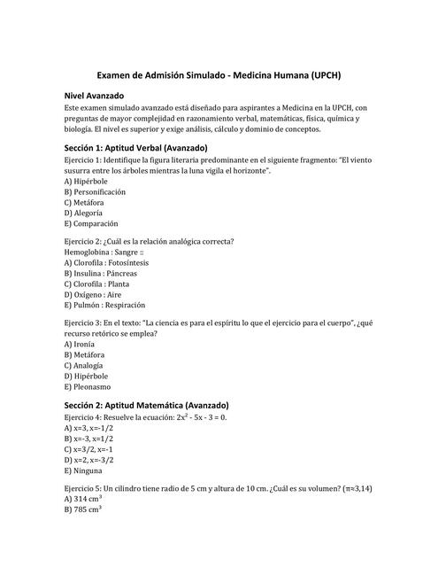 Examen Admision UPCH Simulado Avanzado | Medicina General 1 | uDocz