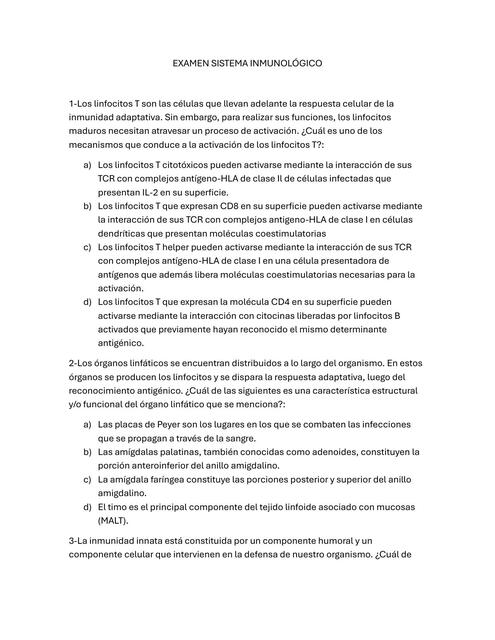 EXAMEN SISTEMA INMUNOLÓGICO | EXÁMENES PRE-MEDICINA | uDocz