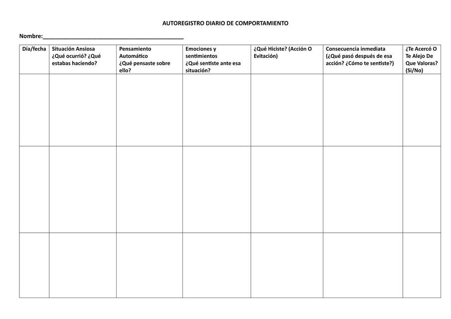 FORMATO DE REGISTRO DIARIO DE COMPORTAMIENTO ACT Y | graciela | uDocz