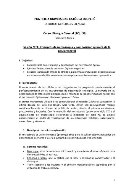 Guía Sesión01 Microscopía ComposiciónQuímicaCélula | Ian | uDocz