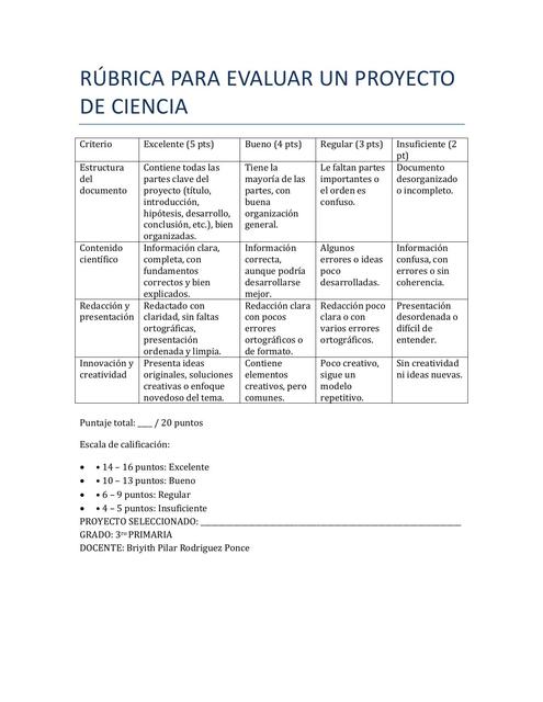 Rubrica Proyecto Ciencia | jorge sánchez quispe | uDocz