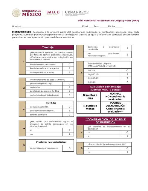 Mini Nutritional Assessment de Guigoz y Velas MNA | 802- Alejandro ...