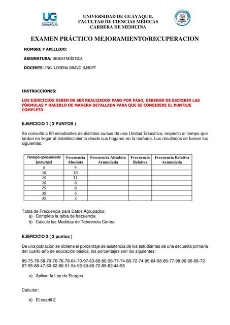 EXAMEN DE BIOESTADÍSTICA - ING. LORENA BRAVO | Bellakos.Med | uDocz