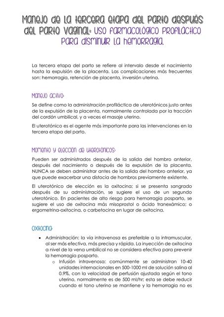 Uso farmacológico profiláctico para disminuir la hemorragia posparto ...