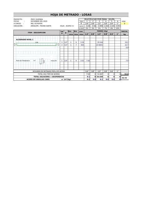 PLANILLA DE METRADO LOSA ALIGERADA 1 | ruben morenopeñaloza | uDocz