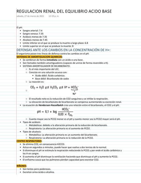 Regulación renal del equilibrio ácido base | Medicina.zip | uDocz
