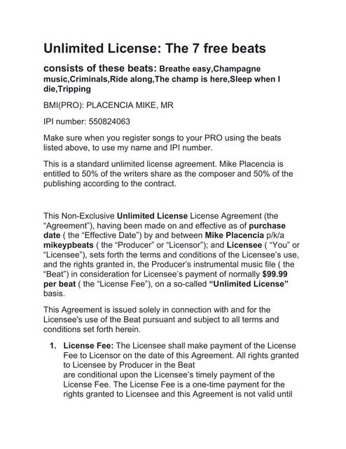 Unlimited License: The 7 free beats | Juan Carmona | uDocz