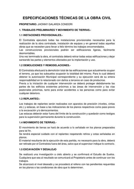 Especificaciones Técnicas de la Obra Civil | GARI SILES | uDocz