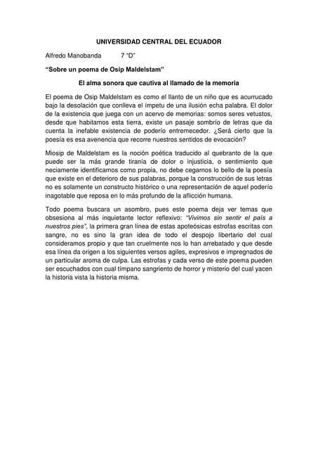 Analisis de poema Miosip Maldestam | alfredo manobanda | uDocz