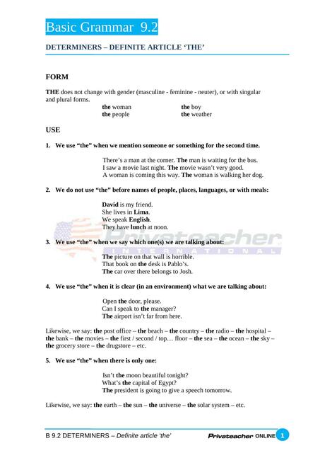 Basic 92: DETERMINERS – DEFINITE ARTICLE ‘THE’ | Anon | uDocz
