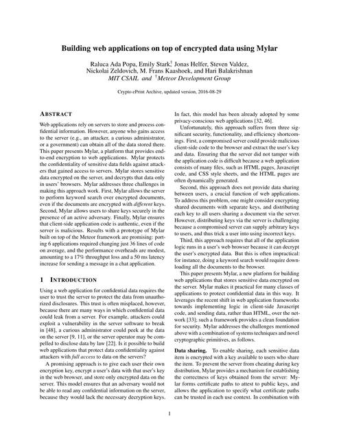 Building Web Applications On Top Of Encrypted Data Using Mylar (2016) [Pdf] | HackerNews | uDocz