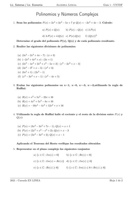 Ejercicios de repaso - Polinomios y Números complejos | Tomás Emmanuel ...