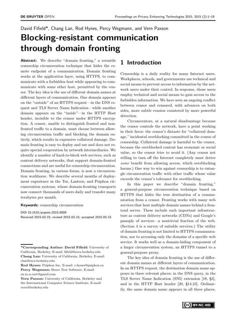 Blocking Resistant Communication Through Domain Fronting [Pdf] | HackerNews | uDocz